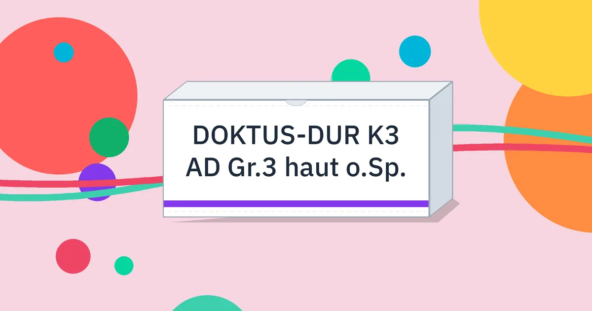 Symbolbild: Packung mit der Aufschrift DOKTUS-DUR K3 AD Gr.3 haut o.Sp. (PZN 00596872) – Verfügbarkeit und Bezug in Apotheken in Frankfurt am Main
