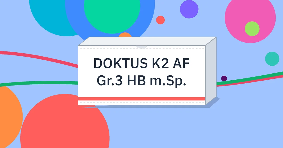 Symbolbild: Packung mit der Aufschrift DOKTUS K2 AF Gr.3 HB m.Sp. (PZN 03309287) – Verfügbarkeit und Bezug in Apotheken in Frankfurt am Main