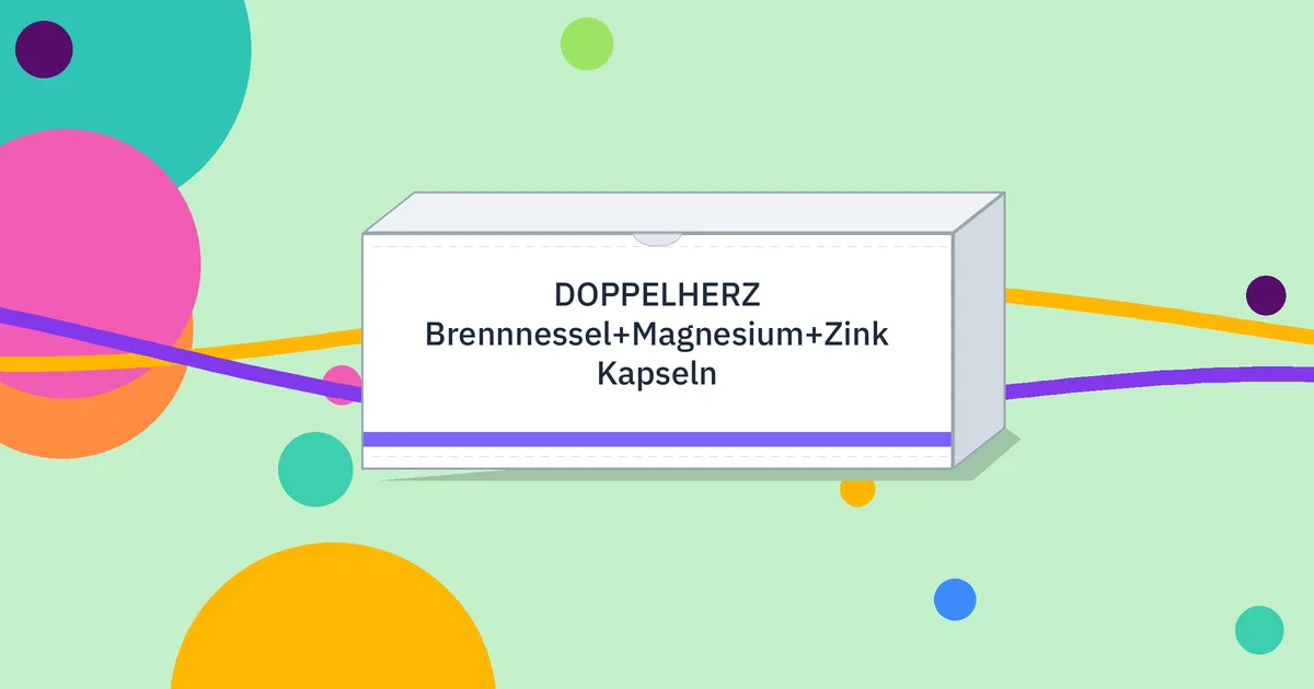 Symbolbild: Packung mit der Aufschrift DOPPELHERZ Brennnessel+Magnesium+Zink Kapseln (PZN 19874776) – Verfügbarkeit und Bezug in Apotheken in Frankfurt am Main