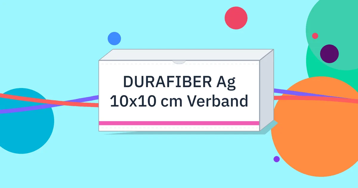 Symbolbild: Packung mit der Aufschrift DURAFIBER Ag 10x10 cm Verband (PZN 19975135) – Verfügbarkeit und Bezug in Apotheken in Frankfurt am Main