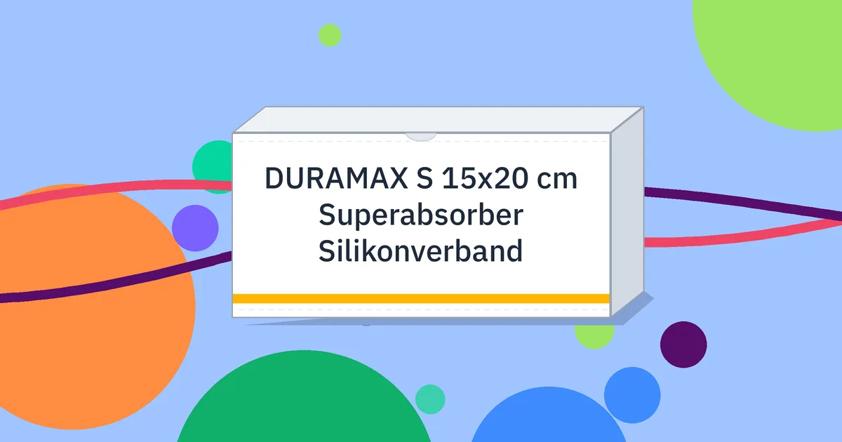 Symbolbild: Packung mit der Aufschrift DURAMAX S 15x20 cm Superabsorber Silikonverband (PZN 20080337) – Verfügbarkeit und Bezug in Apotheken in Frankfurt am Main