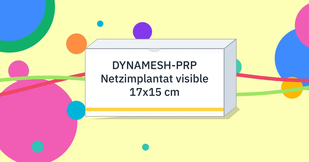 Symbolbild: Packung mit der Aufschrift DYNAMESH-PRP Netzimplantat visible 17x15 cm (PZN 19390392) – Verfügbarkeit und Bezug in Apotheken in Frankfurt am Main