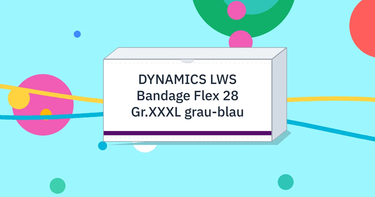Symbolbild: Packung mit der Aufschrift DYNAMICS LWS Bandage Flex 28 Gr.XXXL grau-blau (PZN 10634326) – Verfügbarkeit und Bezug in Apotheken in Frankfurt am Main