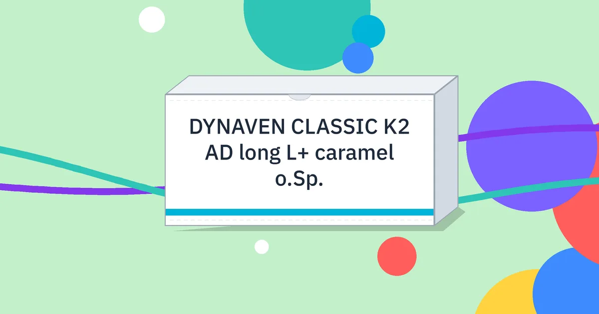 Symbolbild: Packung mit der Aufschrift DYNAVEN CLASSIC K2 AD long L+ caramel o.Sp. (PZN 18417344) – Verfügbarkeit und Bezug in Apotheken in Frankfurt am Main
