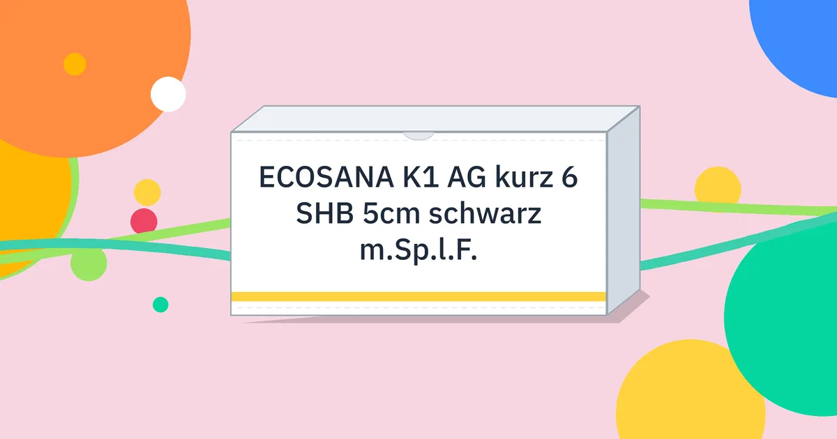 Symbolbild: Packung mit der Aufschrift ECOSANA K1 AG kurz 6 SHB 5cm schwarz m.Sp.l.F. (PZN 04729643) – Verfügbarkeit und Bezug in Apotheken in Frankfurt am Main