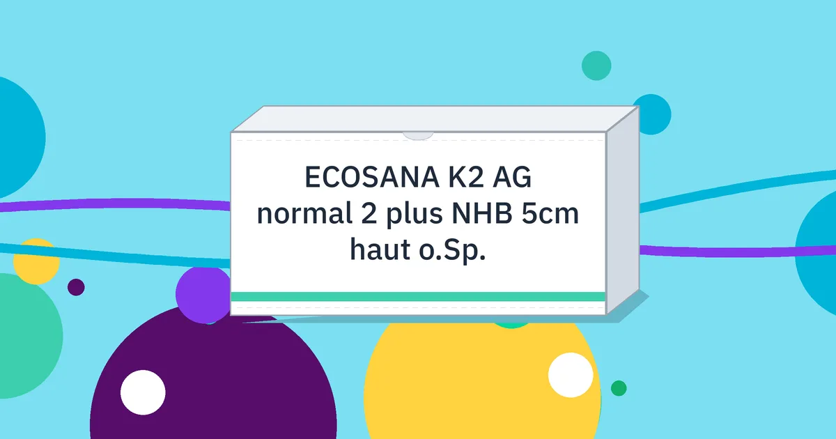 Symbolbild: Packung mit der Aufschrift ECOSANA K2 AG normal 2 plus NHB 5cm haut o.Sp. (PZN 01398128) – Verfügbarkeit und Bezug in Apotheken in Frankfurt am Main