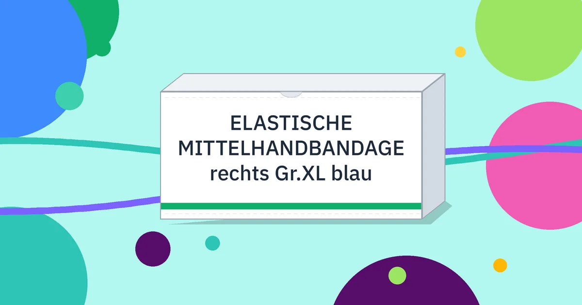 Symbolbild: Packung mit der Aufschrift ELASTISCHE MITTELHANDBANDAGE rechts Gr.XL blau (PZN 03315649) – Verfügbarkeit und Bezug in Apotheken in Frankfurt am Main