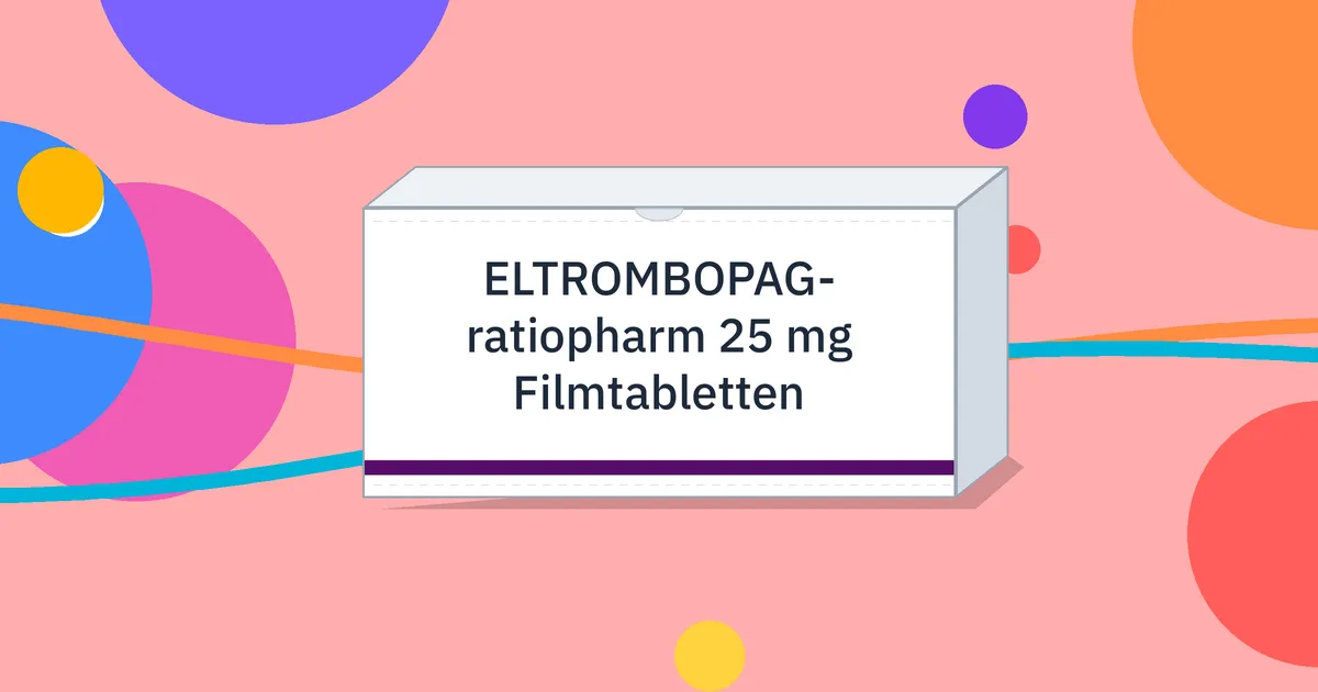 Symbolbild: Packung mit der Aufschrift ELTROMBOPAG-ratiopharm 25 mg Filmtabletten (PZN 19806131) – Verfügbarkeit und Bezug in Apotheken in Frankfurt am Main