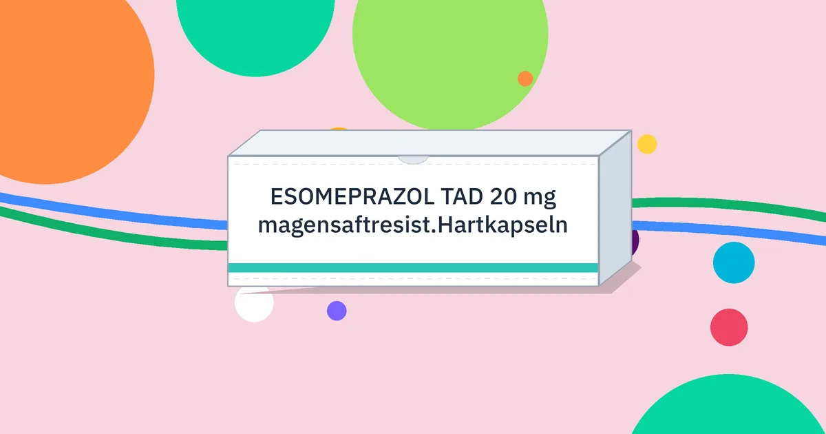 Symbolbild: Packung mit der Aufschrift ESOMEPRAZOL TAD 20 mg magensaftresist.Hartkapseln (PZN 06834284) – Verfügbarkeit und Bezug in Apotheken in Frankfurt am Main