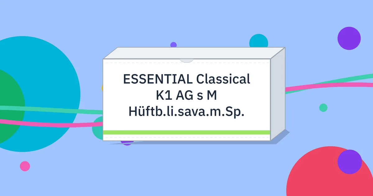 Symbolbild: Packung mit der Aufschrift ESSENTIAL Classical K1 AG s M Hüftb.li.sava.m.Sp. (PZN 17012705) – Verfügbarkeit und Bezug in Apotheken in Frankfurt am Main