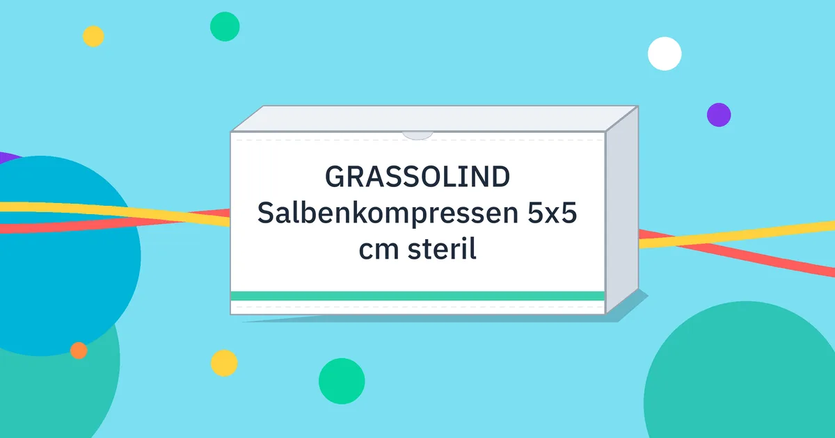 Symbolbild: Packung mit der Aufschrift GRASSOLIND Salbenkompressen 5x5 cm steril (PZN 12594134) – Verfügbarkeit und Bezug in Apotheken in Frankfurt am Main