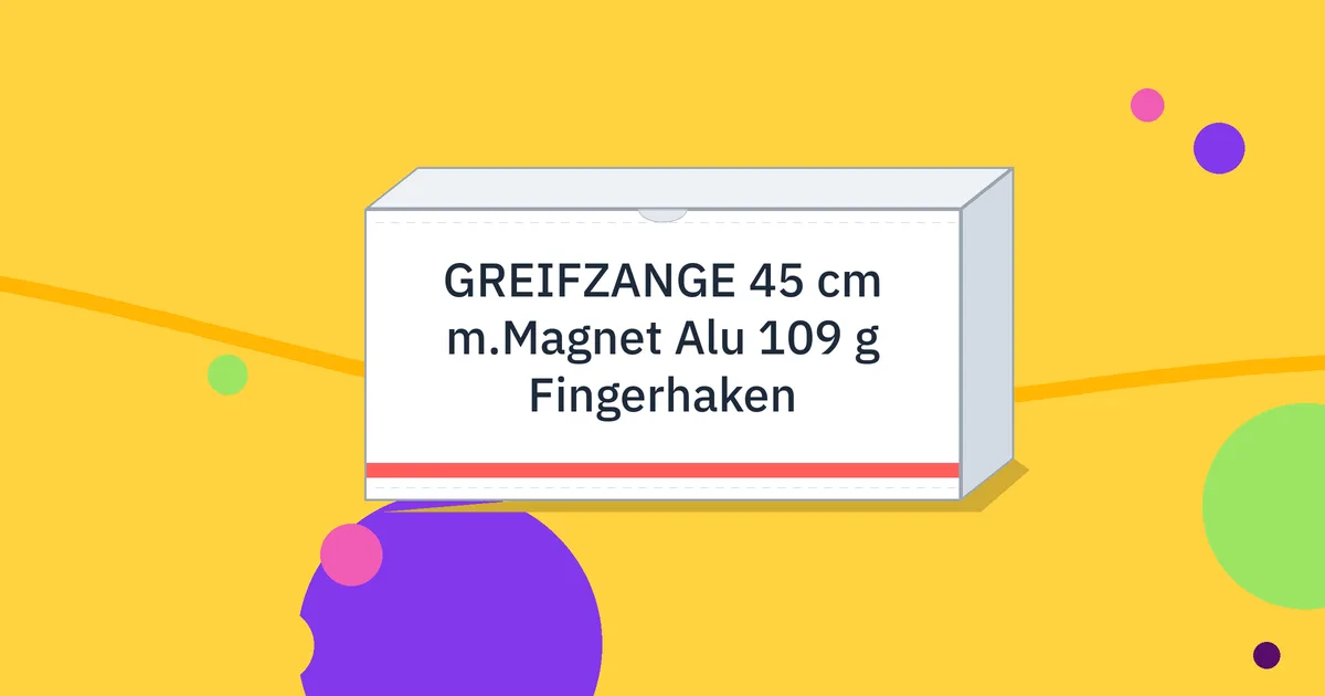 Symbolbild: Packung mit der Aufschrift GREIFZANGE 45 cm m.Magnet Alu 109 g Fingerhaken (PZN 12469156) – Verfügbarkeit und Bezug in Apotheken in Frankfurt am Main