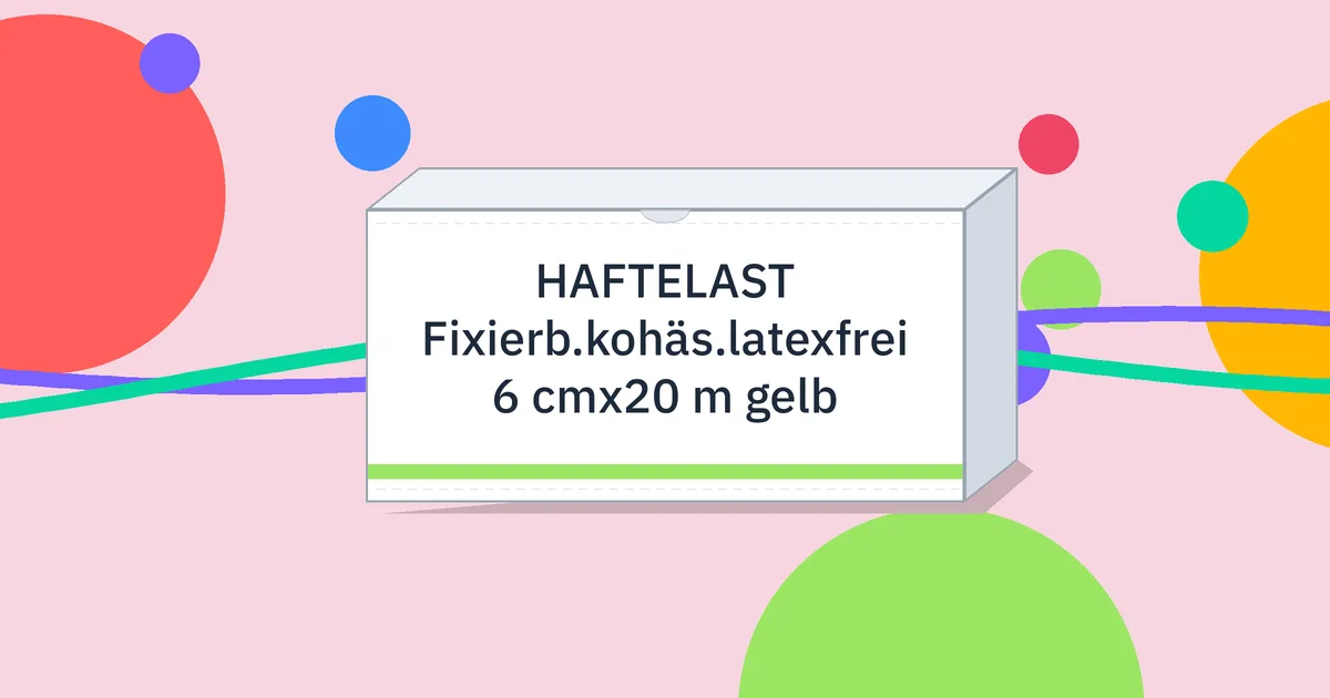 Symbolbild: Packung mit der Aufschrift HAFTELAST Fixierb.kohäs.latexfrei 6 cmx20 m gelb (PZN 15998300) – Verfügbarkeit und Bezug in Apotheken in Frankfurt am Main
