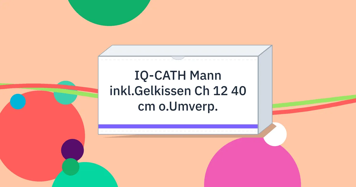 Symbolbild: Packung mit der Aufschrift IQ-CATH Mann inkl.Gelkissen Ch 12 40 cm o.Umverp. (PZN 01899089) – Verfügbarkeit und Bezug in Apotheken in Frankfurt am Main