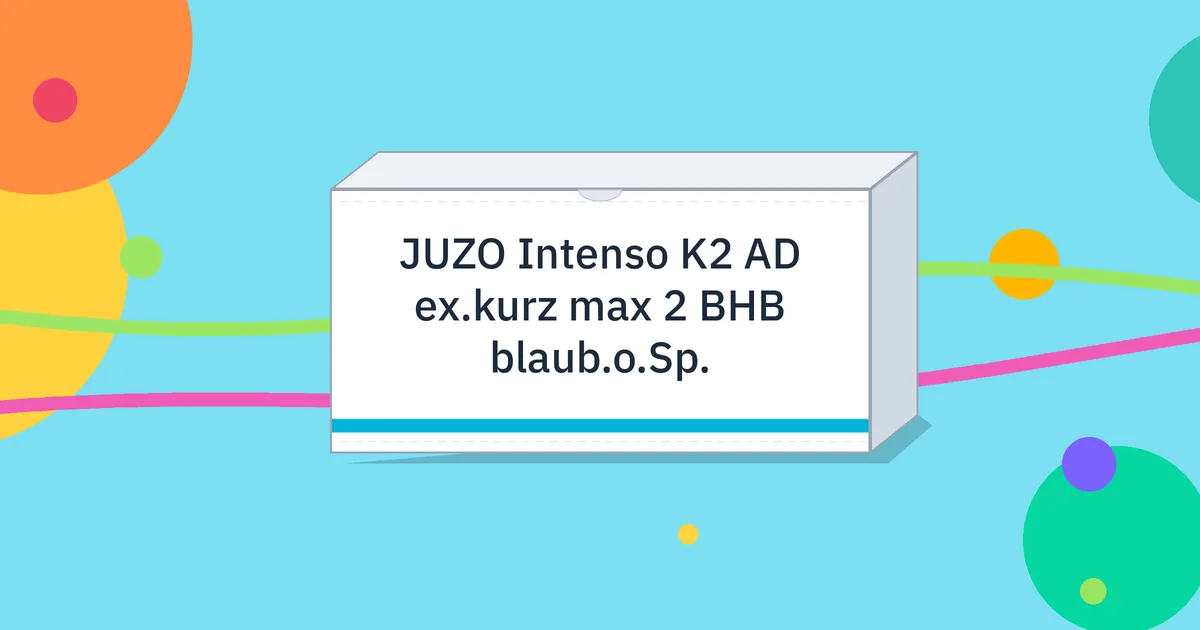 Symbolbild: Packung mit der Aufschrift JUZO Intenso K2 AD ex.kurz max 2 BHB blaub.o.Sp. (PZN 18624497) – Verfügbarkeit und Bezug in Apotheken in Frankfurt am Main