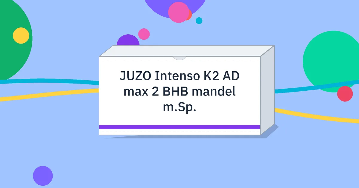 Symbolbild: Packung mit der Aufschrift JUZO Intenso K2 AD max 2 BHB mandel m.Sp. (PZN 18616411) – Verfügbarkeit und Bezug in Apotheken in Frankfurt am Main