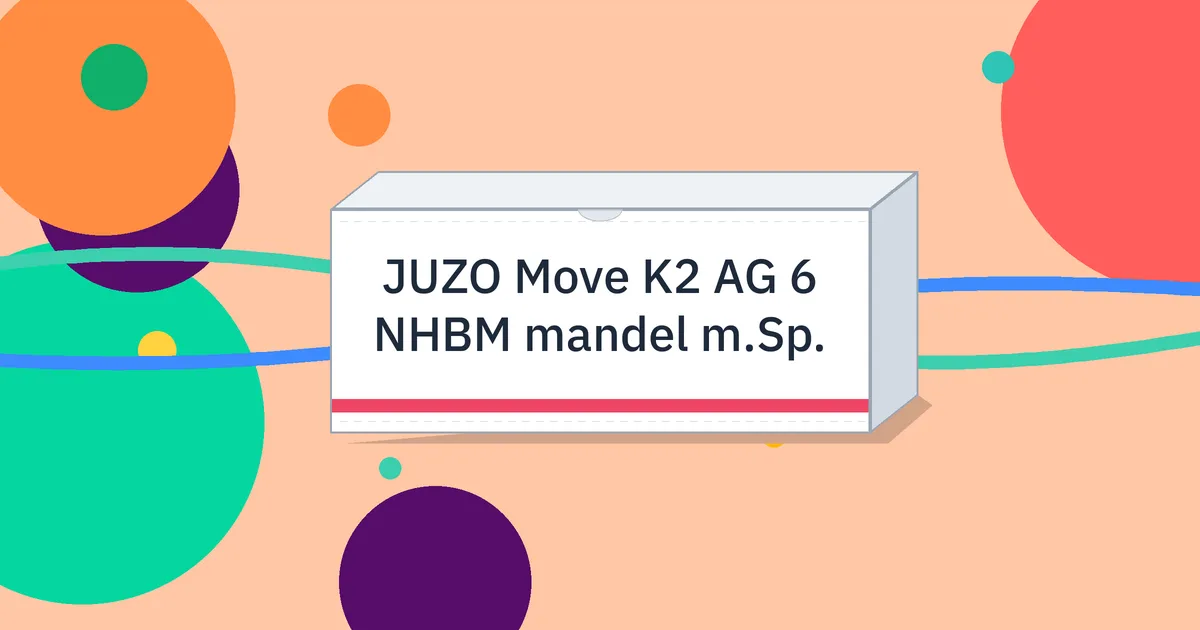 Symbolbild: Packung mit der Aufschrift JUZO Move K2 AG 6 NHBM mandel m.Sp. (PZN 16642404) – Verfügbarkeit und Bezug in Apotheken in Frankfurt am Main