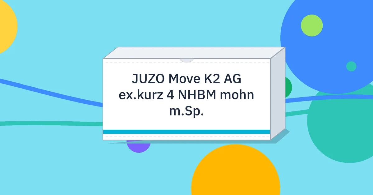 Symbolbild: Packung mit der Aufschrift JUZO Move K2 AG ex.kurz 4 NHBM mohn m.Sp. (PZN 18562879) – Verfügbarkeit und Bezug in Apotheken in Frankfurt am Main