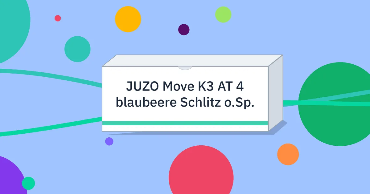 Symbolbild: Packung mit der Aufschrift JUZO Move K3 AT 4 blaubeere Schlitz o.Sp. (PZN 20679560) – Verfügbarkeit und Bezug in Apotheken in Frankfurt am Main
