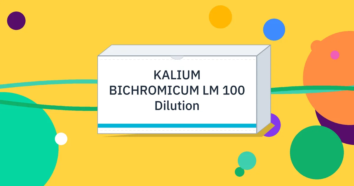 Symbolbild: Packung mit der Aufschrift KALIUM BICHROMICUM LM 100 Dilution (PZN 12917726) – Verfügbarkeit und Bezug in Apotheken in Frankfurt am Main