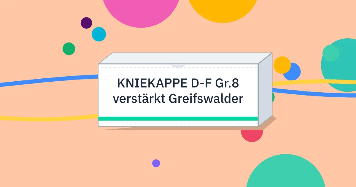 Symbolbild: Packung mit der Aufschrift KNIEKAPPE D-F Gr.8 verstärkt Greifswalder (PZN 01969766) – Verfügbarkeit und Bezug in Apotheken in Frankfurt am Main