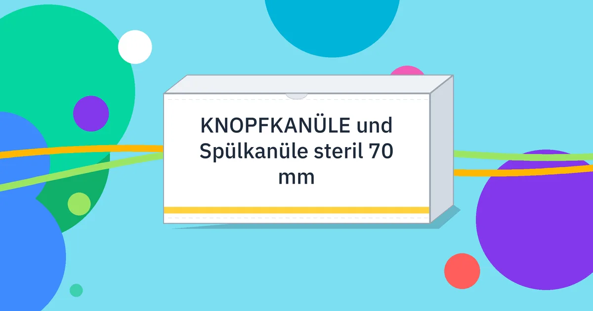 Symbolbild: Packung mit der Aufschrift KNOPFKANÜLE und Spülkanüle steril 70 mm (PZN 18832818) – Verfügbarkeit und Bezug in Apotheken in Frankfurt am Main