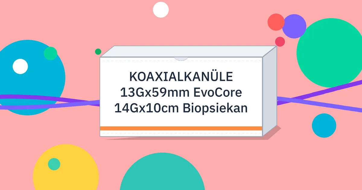 Symbolbild: Packung mit der Aufschrift KOAXIALKANÜLE 13Gx59mm EvoCore 14Gx10cm Biopsiekan (PZN 11059290) – Verfügbarkeit und Bezug in Apotheken in Frankfurt am Main