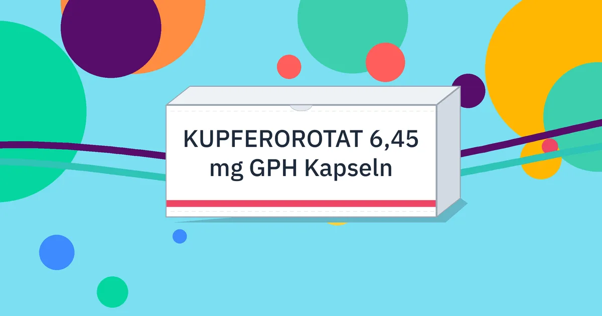 Symbolbild: Packung mit der Aufschrift KUPFEROROTAT 6,45 mg GPH Kapseln (PZN 11657967) – Verfügbarkeit und Bezug in Apotheken in Frankfurt am Main