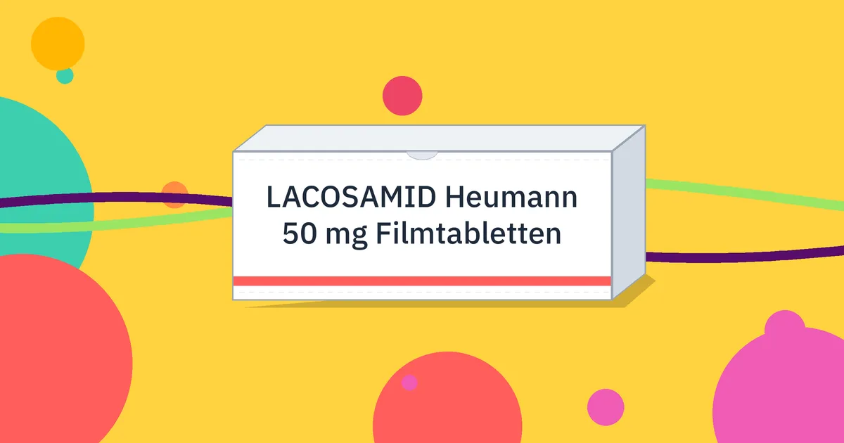 Symbolbild: Packung mit der Aufschrift LACOSAMID Heumann 50 mg Filmtabletten (PZN 16358198) – Verfügbarkeit und Bezug in Apotheken in Frankfurt am Main