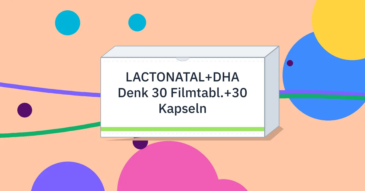 Symbolbild: Packung mit der Aufschrift LACTONATAL+DHA Denk 30 Filmtabl.+30 Kapseln (PZN 12146571) – Verfügbarkeit und Bezug in Apotheken in Frankfurt am Main