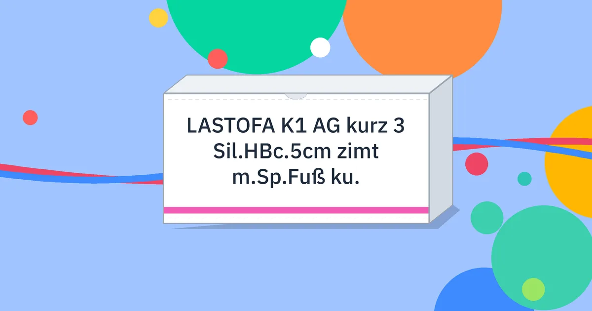 Symbolbild: Packung mit der Aufschrift LASTOFA K1 AG kurz 3 Sil.HBc.5cm zimt m.Sp.Fuß ku. (PZN 13790883) – Verfügbarkeit und Bezug in Apotheken in Frankfurt am Main