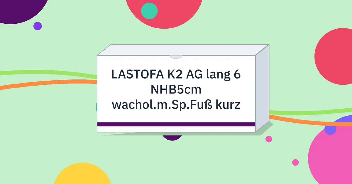 Symbolbild: Packung mit der Aufschrift LASTOFA K2 AG lang 6 NHB5cm wachol.m.Sp.Fuß kurz (PZN 13807508) – Verfügbarkeit und Bezug in Apotheken in Frankfurt am Main