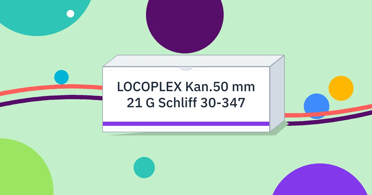 Symbolbild: Packung mit der Aufschrift LOCOPLEX Kan.50 mm 21 G Schliff 30-347 (PZN 04481611) – Verfügbarkeit und Bezug in Apotheken in Frankfurt am Main