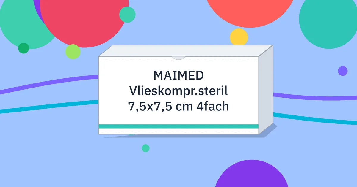 Symbolbild: Packung mit der Aufschrift MAIMED Vlieskompr.steril 7,5x7,5 cm 4fach (PZN 03188843) – Verfügbarkeit und Bezug in Apotheken in Frankfurt am Main