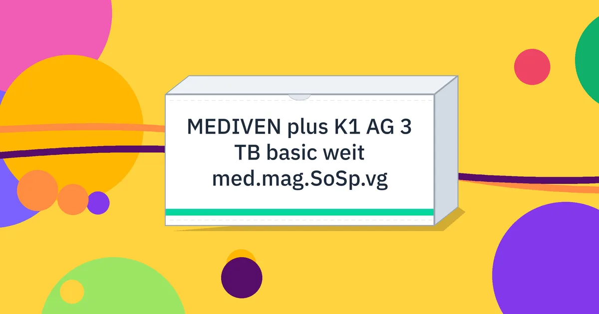 Symbolbild: Packung mit der Aufschrift MEDIVEN plus K1 AG 3 TB basic weit med.mag.SoSp.vg (PZN 15059080) – Verfügbarkeit und Bezug in Apotheken in Frankfurt am Main