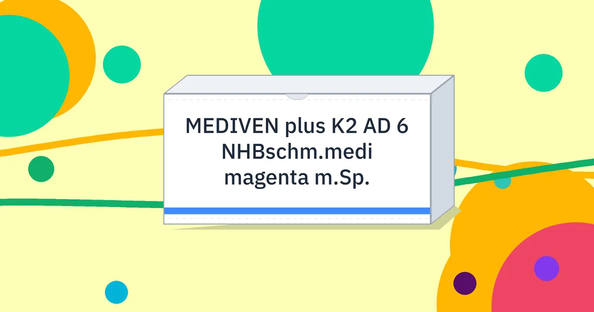Symbolbild: Packung mit der Aufschrift MEDIVEN plus K2 AD 6 NHBschm.medi magenta m.Sp. (PZN 15938580) – Verfügbarkeit und Bezug in Apotheken in Frankfurt am Main