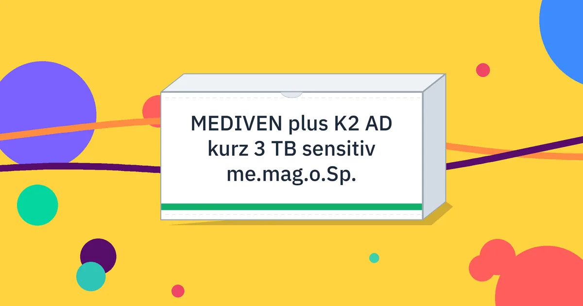Symbolbild: Packung mit der Aufschrift MEDIVEN plus K2 AD kurz 3 TB sensitiv me.mag.o.Sp. (PZN 15106460) – Verfügbarkeit und Bezug in Apotheken in Frankfurt am Main