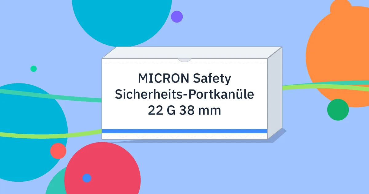 Symbolbild: Packung mit der Aufschrift MICRON Safety Sicherheits-Portkanüle 22 G 38 mm (PZN 19113391) – Verfügbarkeit und Bezug in Apotheken in Frankfurt am Main