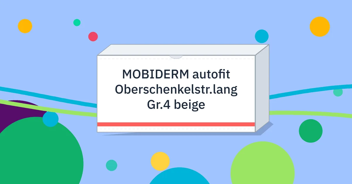 Symbolbild: Packung mit der Aufschrift MOBIDERM autofit Oberschenkelstr.lang Gr.4 beige (PZN 13970243) – Verfügbarkeit und Bezug in Apotheken in Frankfurt am Main