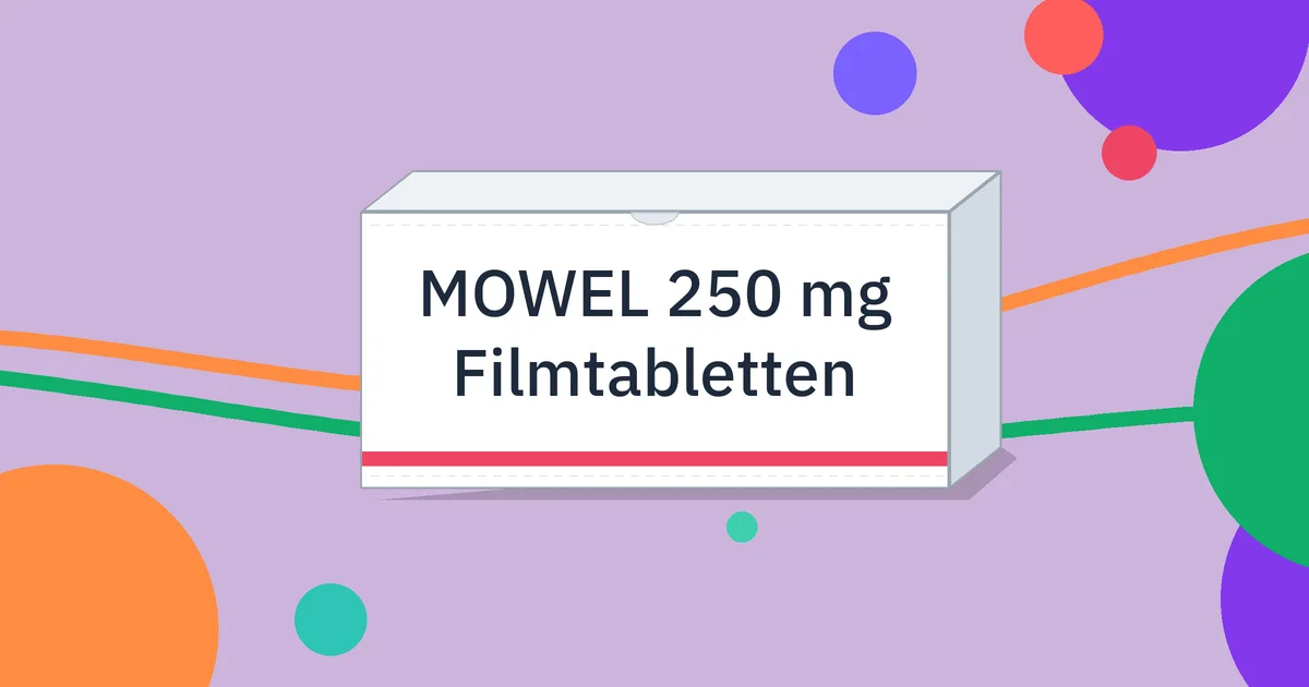 Symbolbild: Packung mit der Aufschrift MOWEL 250 mg Filmtabletten (PZN 08755643) – Verfügbarkeit und Bezug in Apotheken in Frankfurt am Main