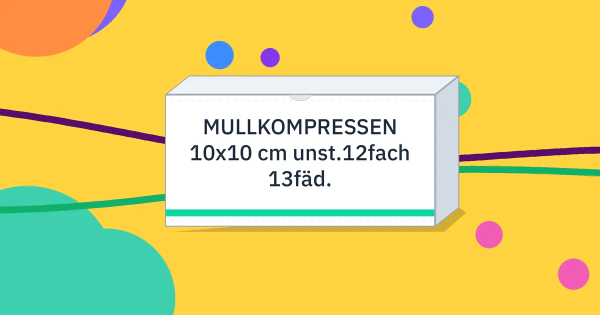 Symbolbild: Packung mit der Aufschrift MULLKOMPRESSEN 10x10 cm unst.12fach 13fäd. (PZN 06928364) – Verfügbarkeit und Bezug in Apotheken in Frankfurt am Main