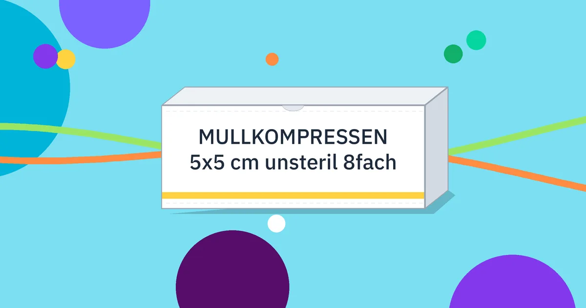 Symbolbild: Packung mit der Aufschrift MULLKOMPRESSEN 5x5 cm unsteril 8fach (PZN 11296191) – Verfügbarkeit und Bezug in Apotheken in Frankfurt am Main