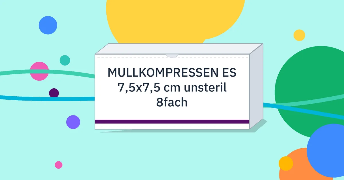 Symbolbild: Packung mit der Aufschrift MULLKOMPRESSEN ES 7,5x7,5 cm unsteril 8fach (PZN 07389001) – Verfügbarkeit und Bezug in Apotheken in Frankfurt am Main