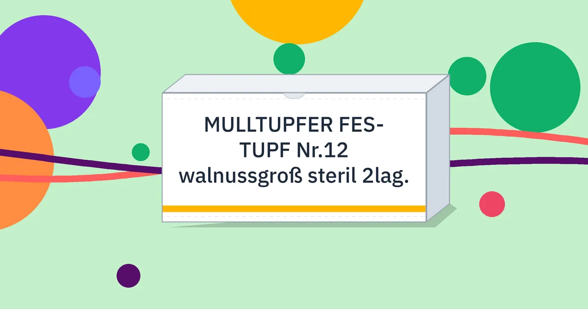 Symbolbild: Packung mit der Aufschrift MULLTUPFER FES-TUPF Nr.12 walnussgroß steril 2lag. (PZN 10305031) – Verfügbarkeit und Bezug in Apotheken in Frankfurt am Main