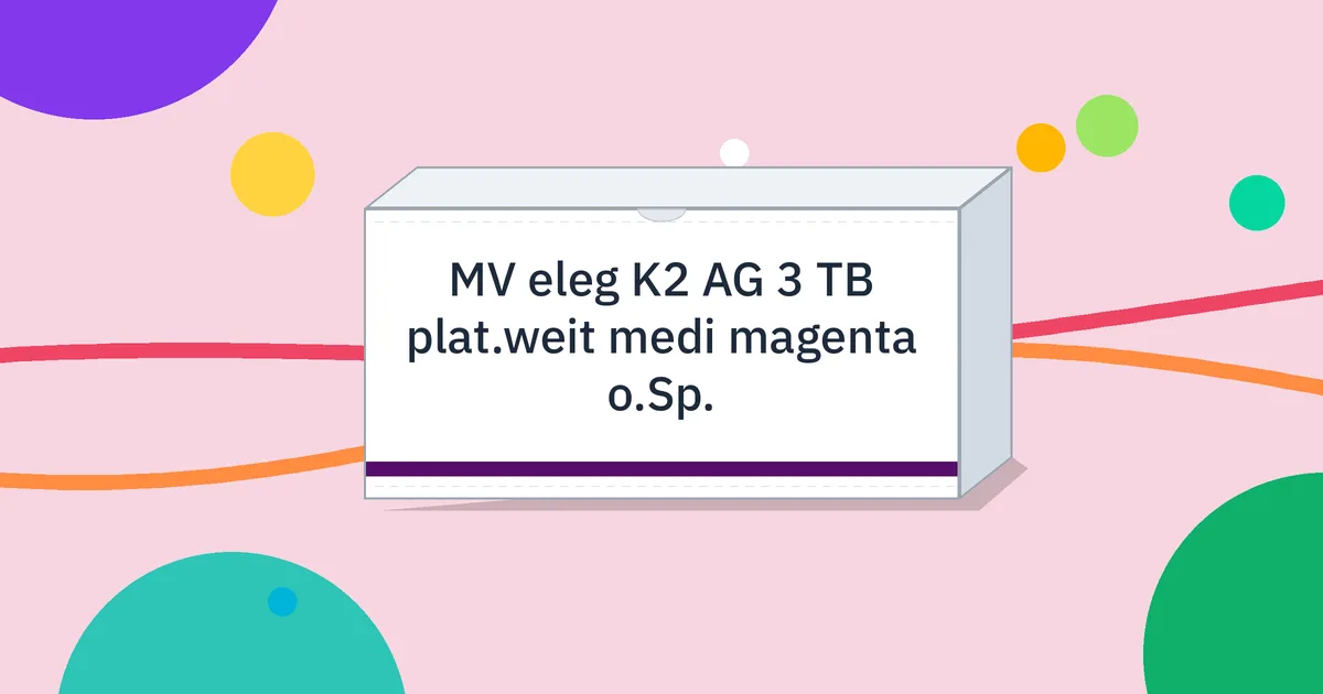 Symbolbild: Packung mit der Aufschrift MV eleg K2 AG 3 TB plat.weit medi magenta o.Sp. (PZN 14639711) – Verfügbarkeit und Bezug in Apotheken in Frankfurt am Main