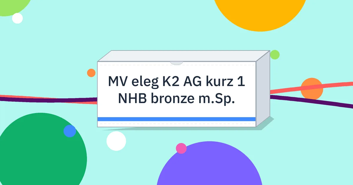 Symbolbild: Packung mit der Aufschrift MV eleg K2 AG kurz 1 NHB bronze m.Sp. (PZN 15716483) – Verfügbarkeit und Bezug in Apotheken in Frankfurt am Main
