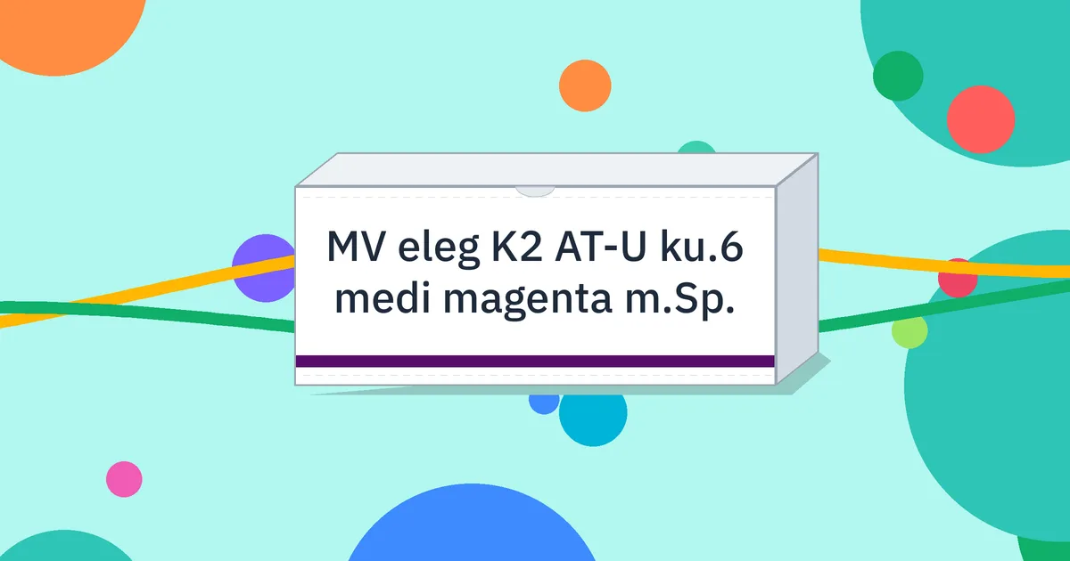 Symbolbild: Packung mit der Aufschrift MV eleg K2 AT-U ku.6 medi magenta m.Sp. (PZN 15291730) – Verfügbarkeit und Bezug in Apotheken in Frankfurt am Main