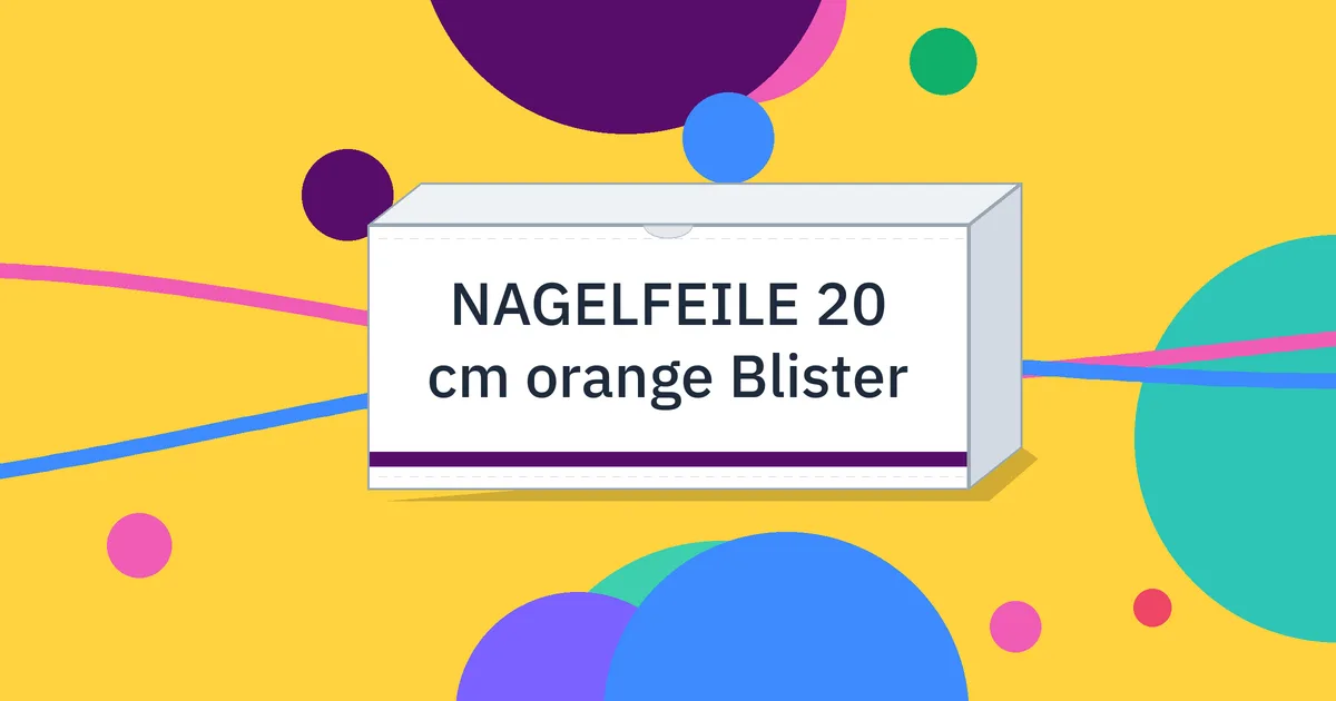 Symbolbild: Packung mit der Aufschrift NAGELFEILE 20 cm orange Blister (PZN 01588538) – Verfügbarkeit und Bezug in Apotheken in Frankfurt am Main