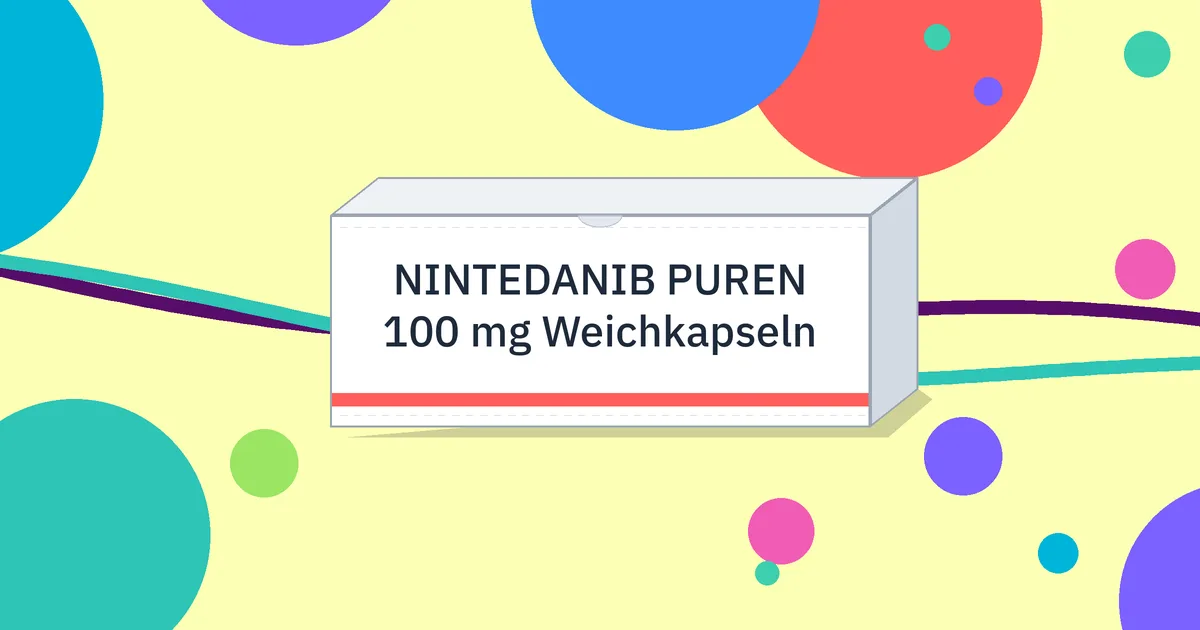 Symbolbild: Packung mit der Aufschrift NINTEDANIB PUREN 100 mg Weichkapseln (PZN 19398229) – Verfügbarkeit und Bezug in Apotheken in Frankfurt am Main