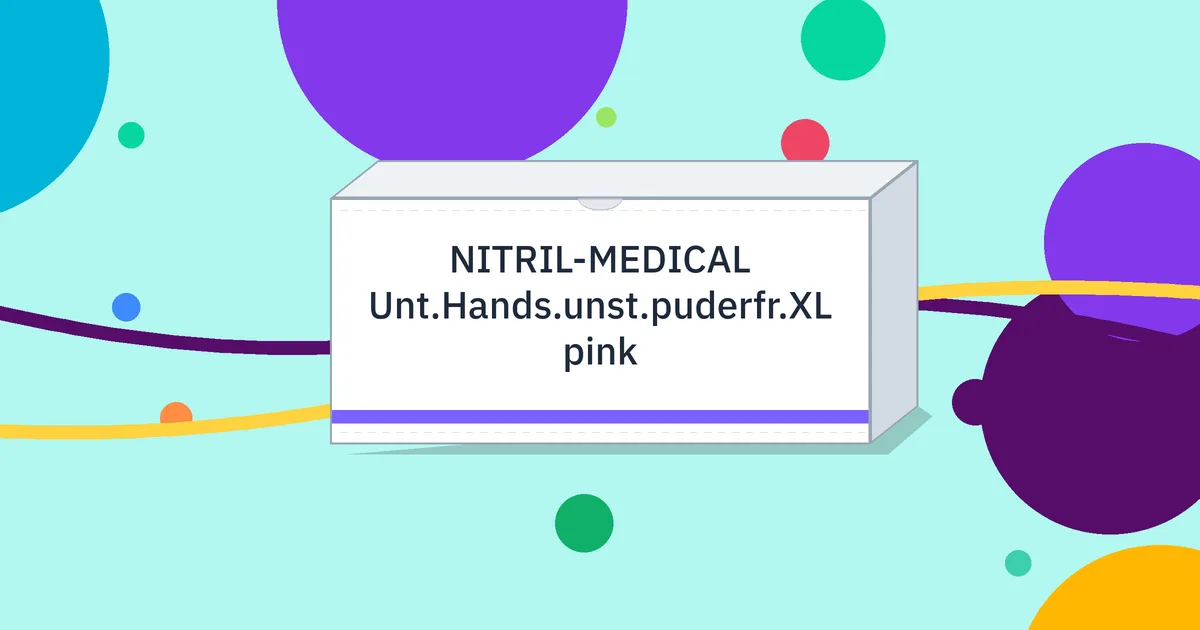 Symbolbild: Packung mit der Aufschrift NITRIL-MEDICAL Unt.Hands.unst.puderfr.XL pink (PZN 18766659) – Verfügbarkeit und Bezug in Apotheken in Frankfurt am Main